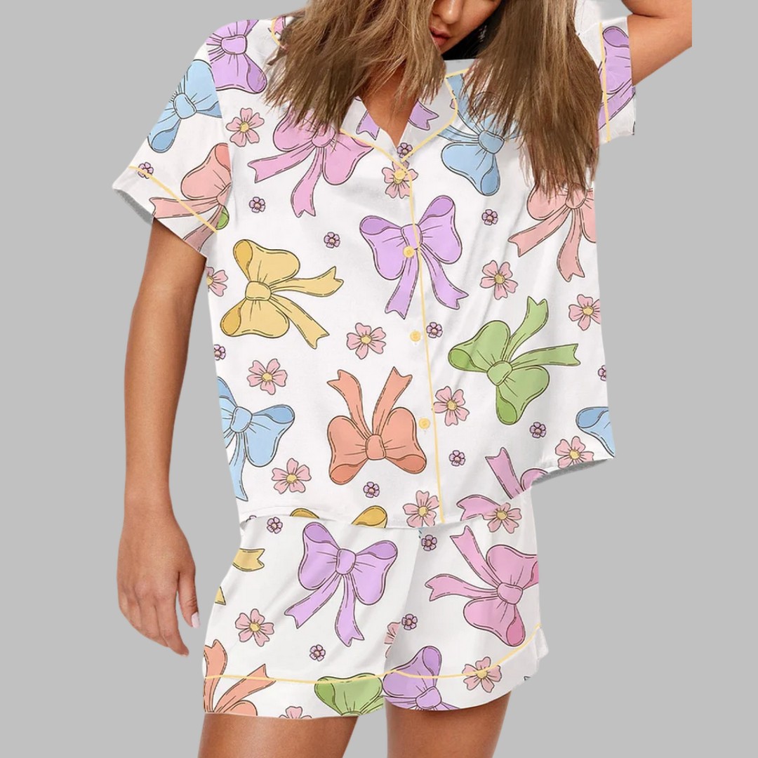Colorful Bow Print Pajama Set - gullprint.com
